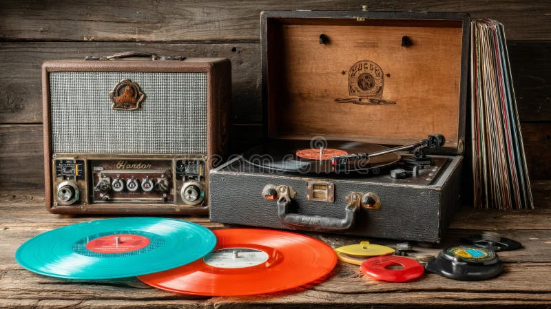 Vintage Turntable and Vinyl Records on Wooden Surface Stock ...