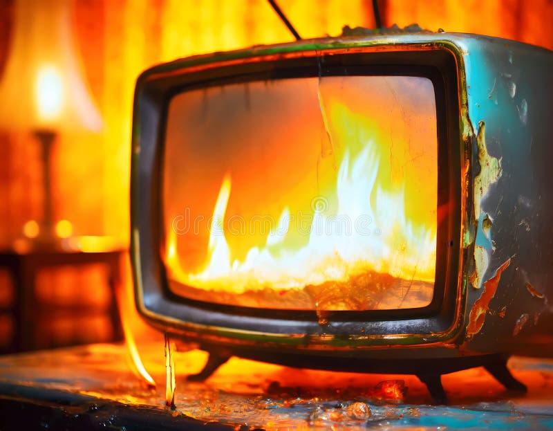 Vintage TV on fire stock illustration. Illustration of 1950s - 300913847