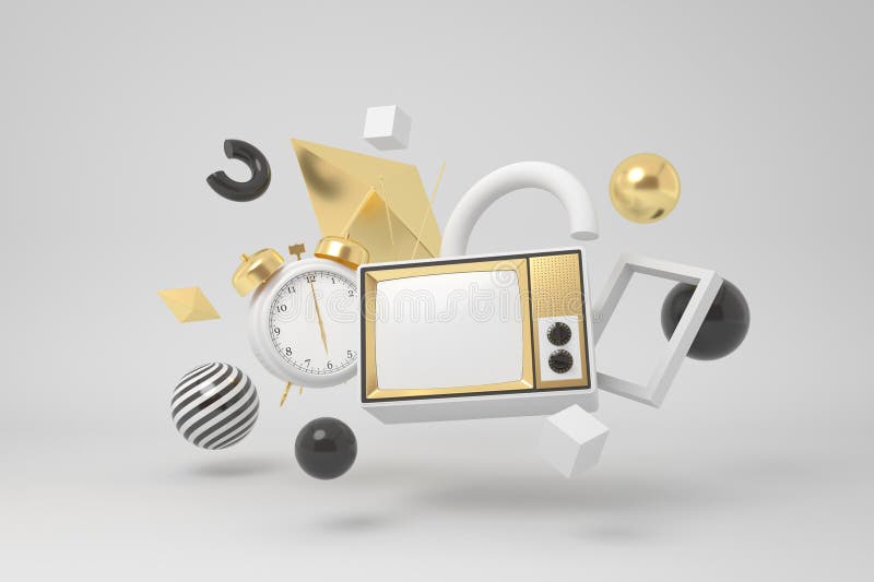 Vintage TV among Floating Shapes in Space Stock Photo - Image of decor ...