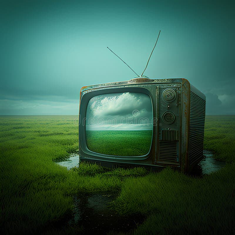Vintage TV on Green Grass Field with Cloudy Sky. 3D Rendering Stock ...