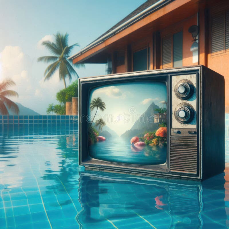 Vintage TV in the Pool Overlooking the Landscape. Stock Image - Image ...