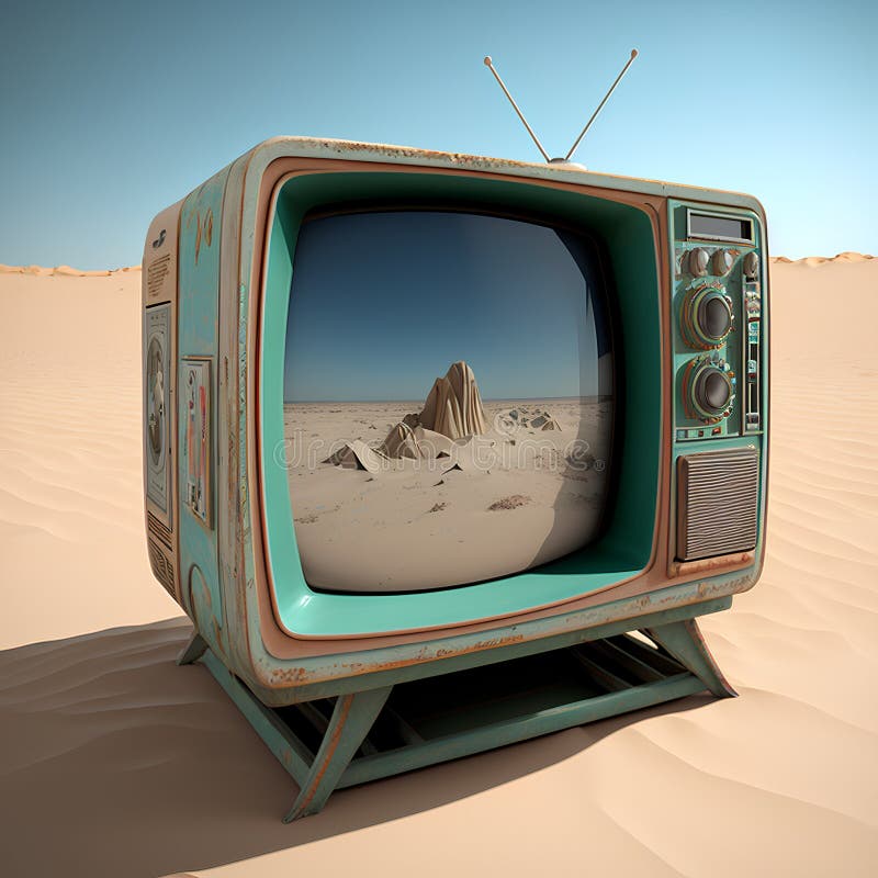 Vintage TV Set in the Desert. 3D Render Illustration Stock Illustration ...