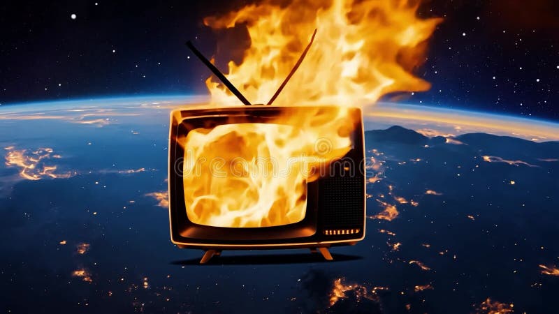 Vintage Tv on Fire Against Space Background, Symbolizing Media ...