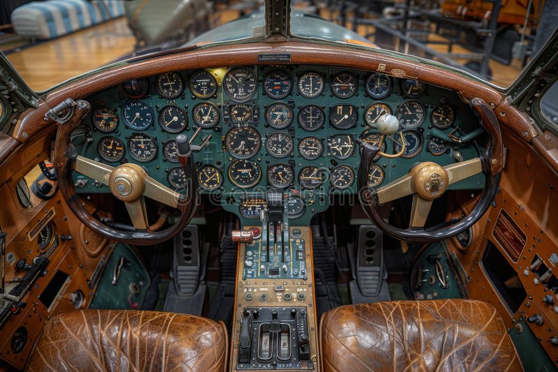 Vintage Two Seater Airplane Flight Control Panel Displaying Classic ...