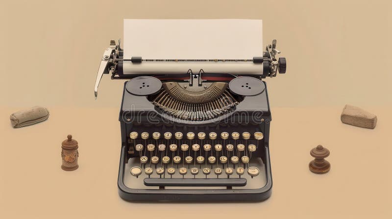 Retro Vintage Typewriter with Chess Pieces and Wooden Blocks on a Beige ...