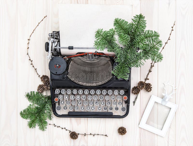 Vintage Typewriter Christmas Decoration Evergreen Branches Stock Image ...