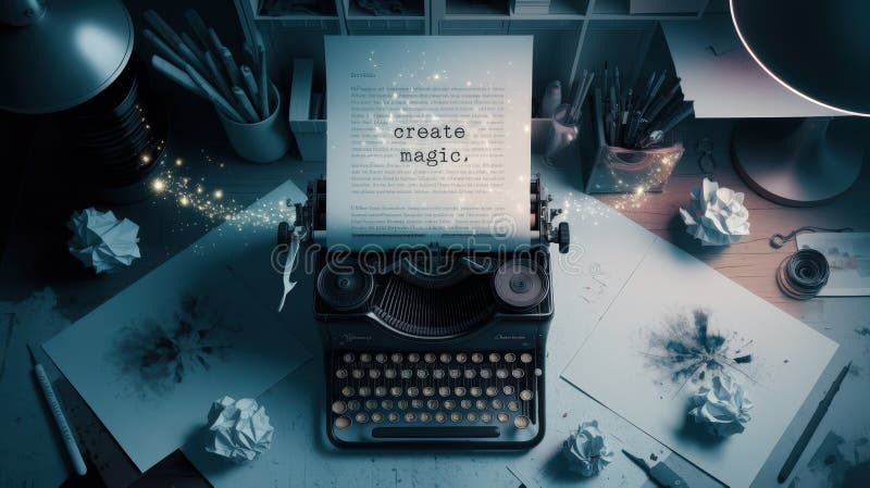 Vintage Typewriter on a Cluttered Desk with Crumpled Paper and Glowing ...