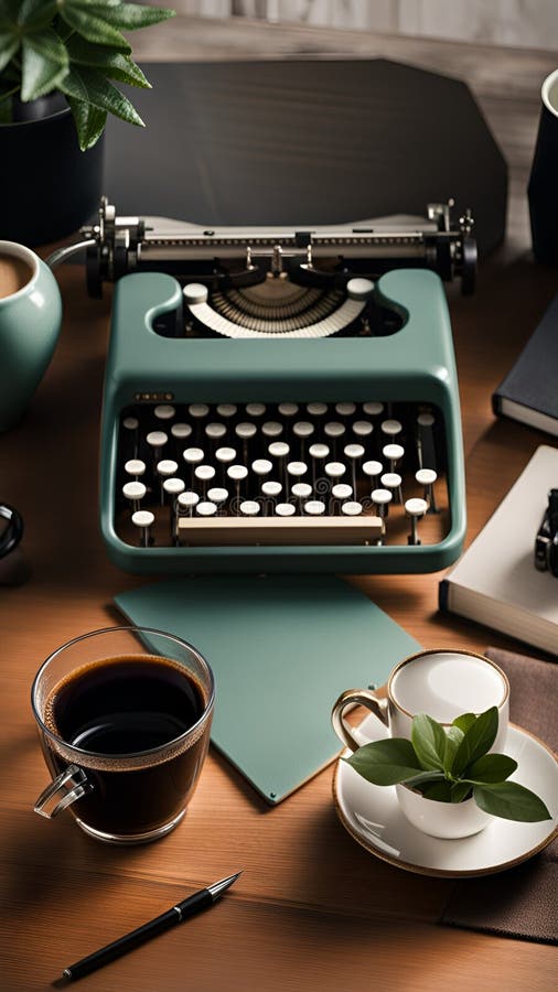 Vintage Typewriter, Coffee Cup and Glasses on a Desk Illustration ...