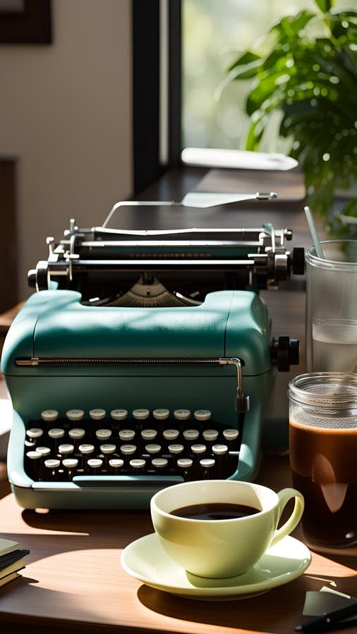 Vintage Typewriter, Coffee Cup and Glasses on a Desk Illustration ...