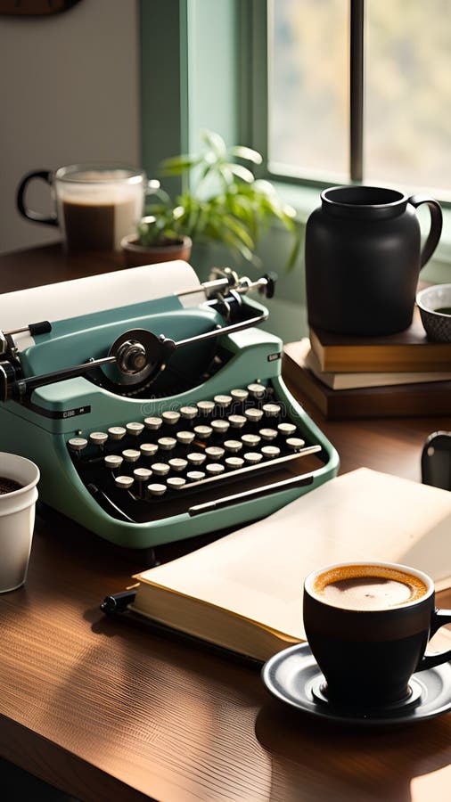 Vintage Typewriter, Coffee Cup and Glasses on a Desk Illustration ...