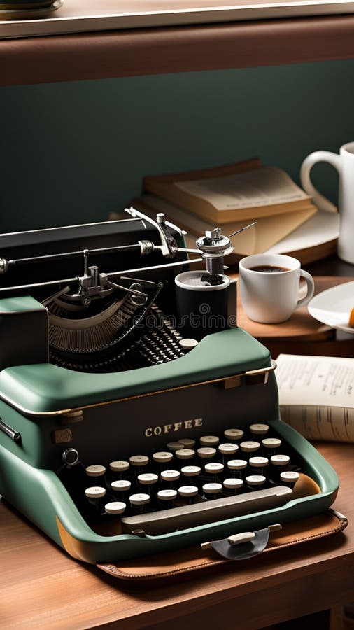 Vintage Typewriter, Coffee Cup and Glasses on a Desk Illustration ...