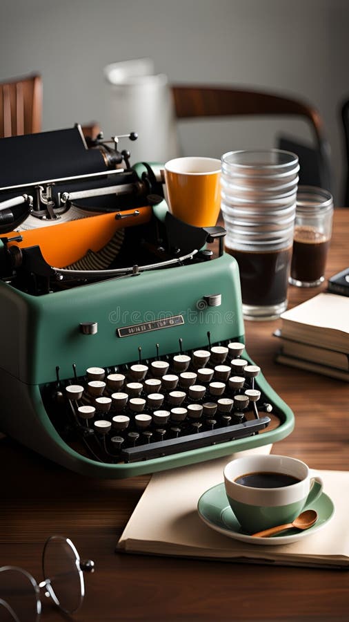 Vintage Typewriter, Coffee Cup and Glasses on a Desk Illustration ...