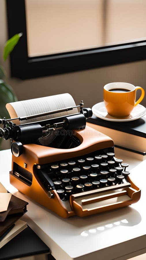 Vintage Typewriter, Coffee Cup and Glasses on a Desk Illustration ...