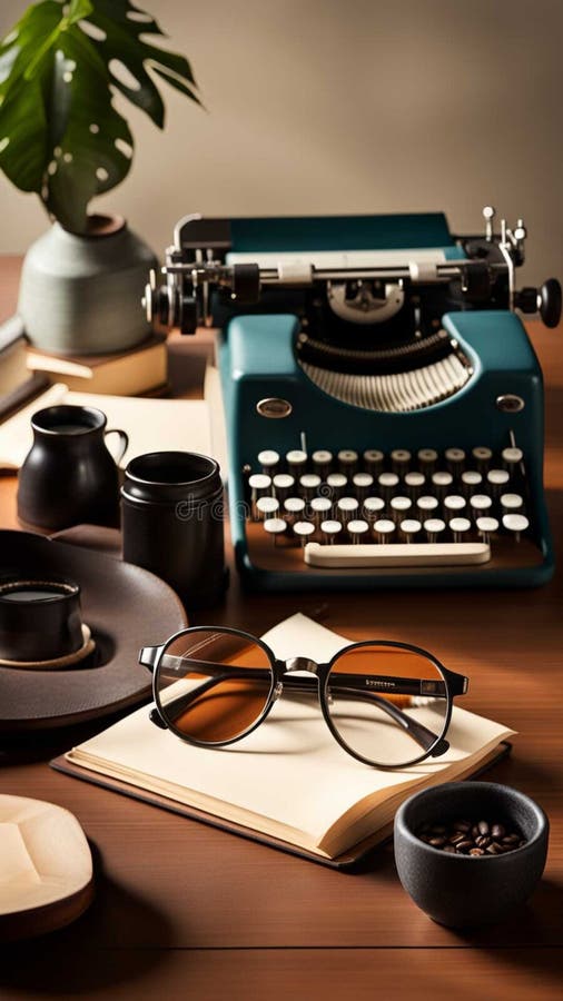 Vintage Typewriter, Coffee Cup and Spectacles on a Desk Illustration ...