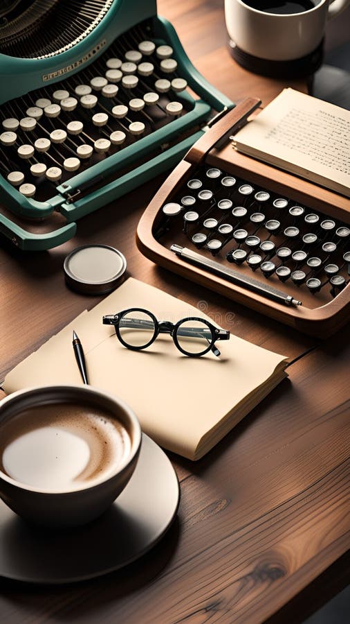Vintage Typewriter, Coffee Cup and Spectacles on a Desk Illustration ...
