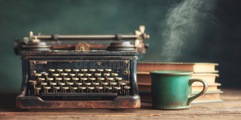 Vintage Typewriter with Coffee Cup and Stack of Books on Wooden Table ...