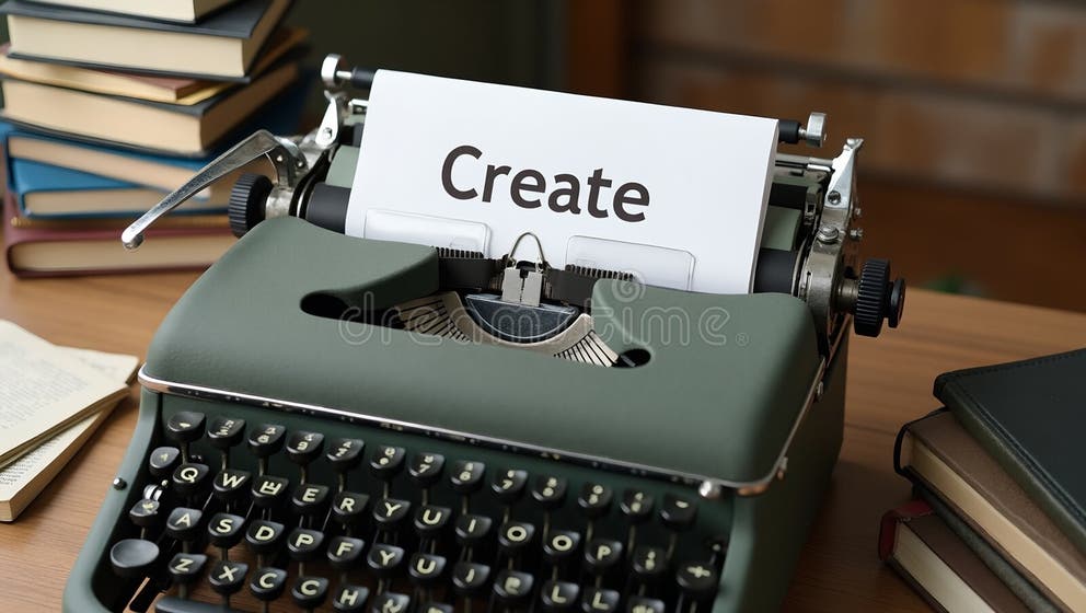 Vintage Typewriter with Create on Paper Surrounded by Books and Writing ...