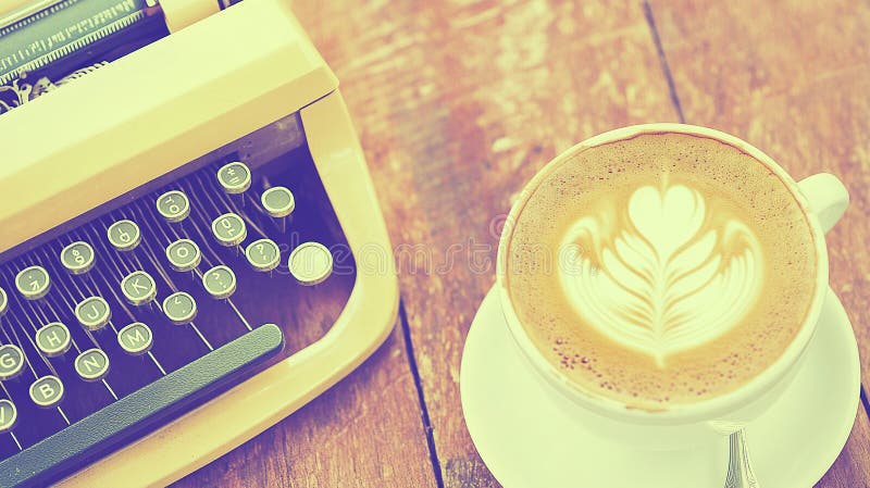 Vintage Typewriter, Latte Art, Wooden Table, Cafe, Writing Stock Image ...