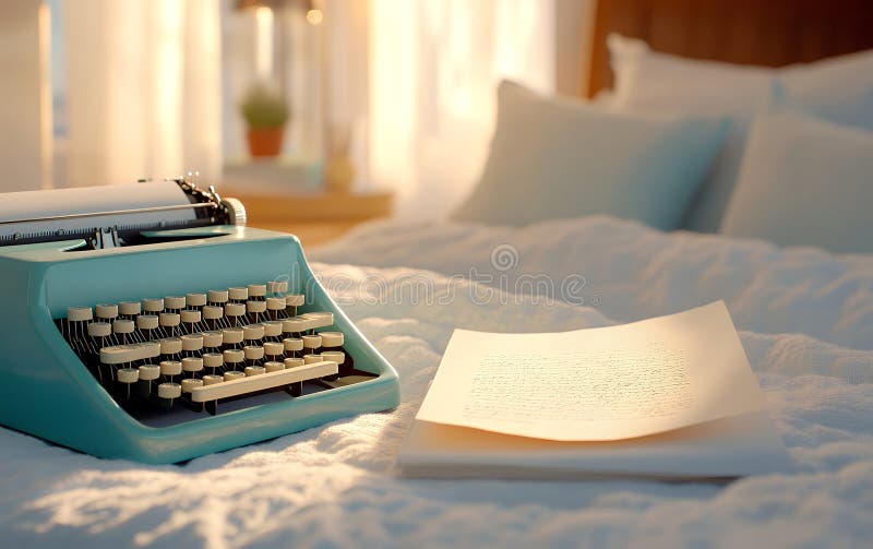 Vintage Typewriter and Manuscript on Sunlit Bed Stock Photo - Image of ...