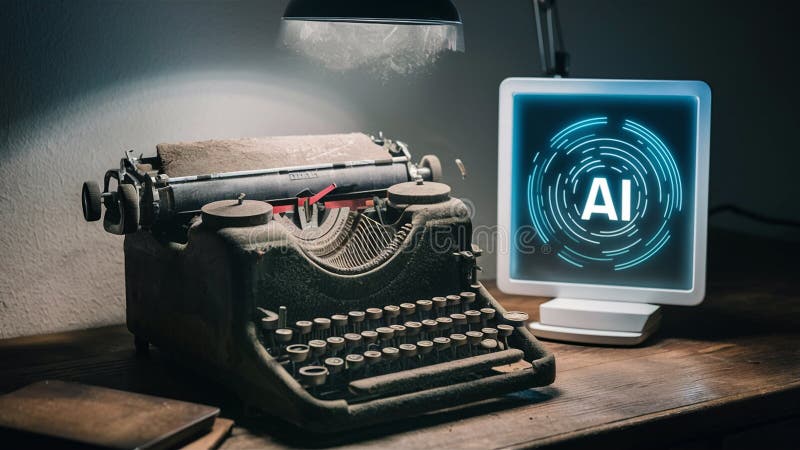 Juxtaposition of Vintage Typewriter and Modern AI Interface on a Desk ...