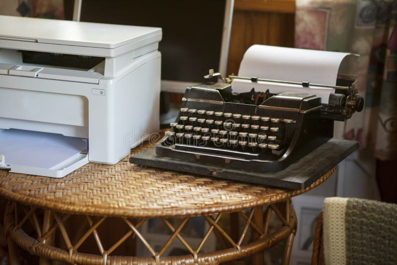 Vintage Typewriter and Modern Scanner Stock Image - Image of printer ...
