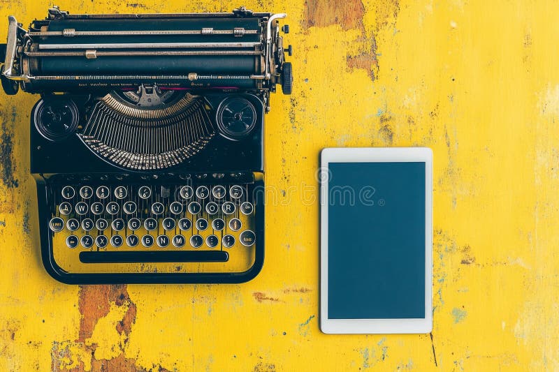 A Vintage Typewriter and Modern Tablet on a Bright Yellow Surface. this ...