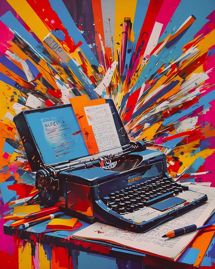 Vintage Typewriter with Notebook and Pen on Abstract Colorful ...