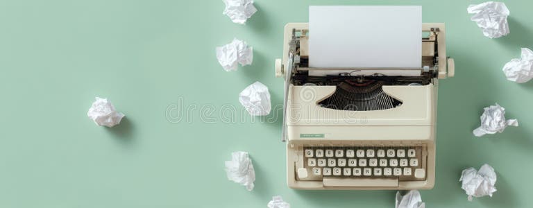The Vintage Typewriter Resting on a Mint-colored Surface with Crumpled ...