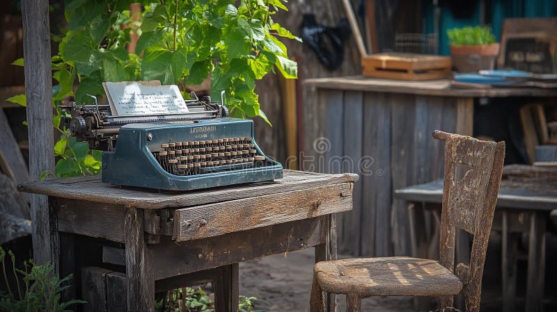 Vintage Typewriter on Rustic Desk, Outdoor Classroom Setting Stock ...
