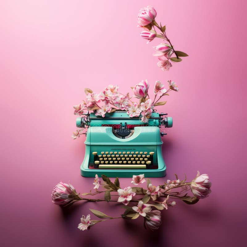 Vintage Typewriter with Spring Flowers on a Pink Background. Stock ...