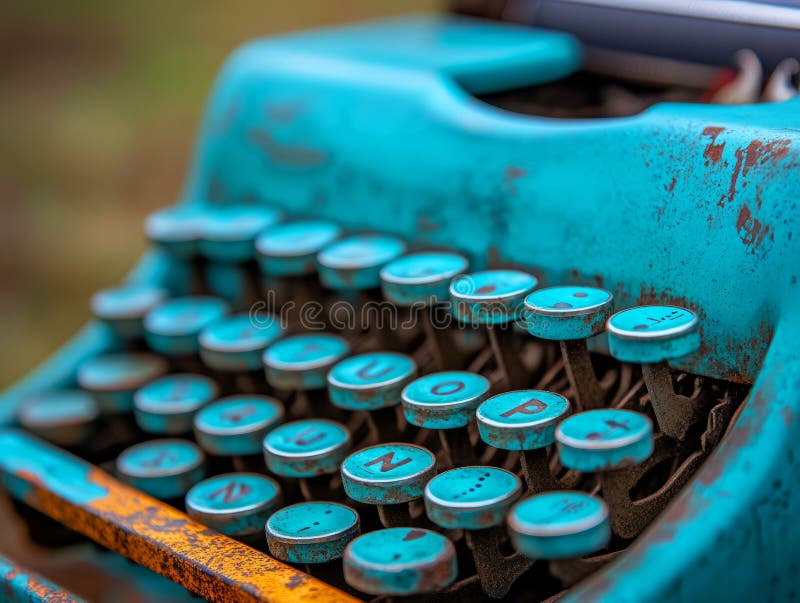 Vintage Typewriter with Teal Keys in Rustic Setting, Detailed Close-Up ...