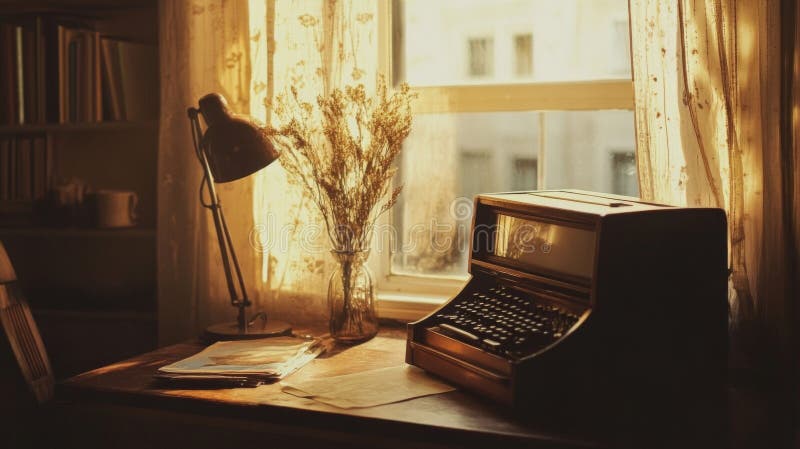 Vintage Typewriter on Wooden Desk by Window in Warm Sunlight Stock ...