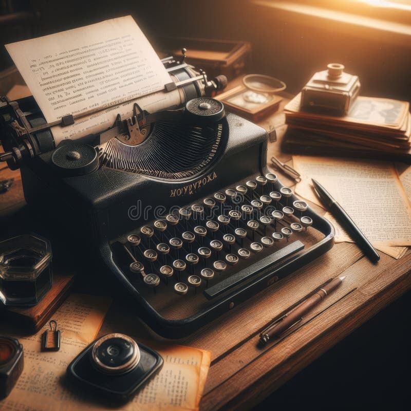 Vintage Typewriter with Writing Tools in Warm Light Stock Image - Image ...