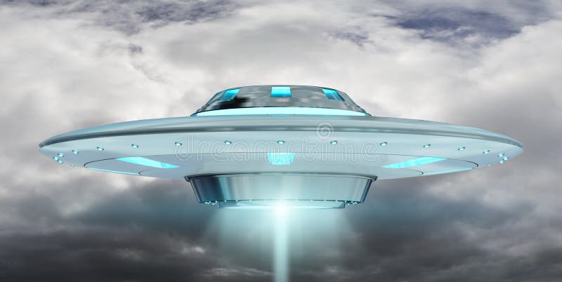 Vintage UFO Flying on Cloudy Sky 3D Rendering Stock Illustration ...