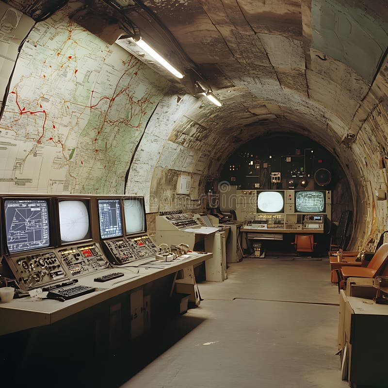 Vintage Underground Command Center with Monitors and Map Stock ...