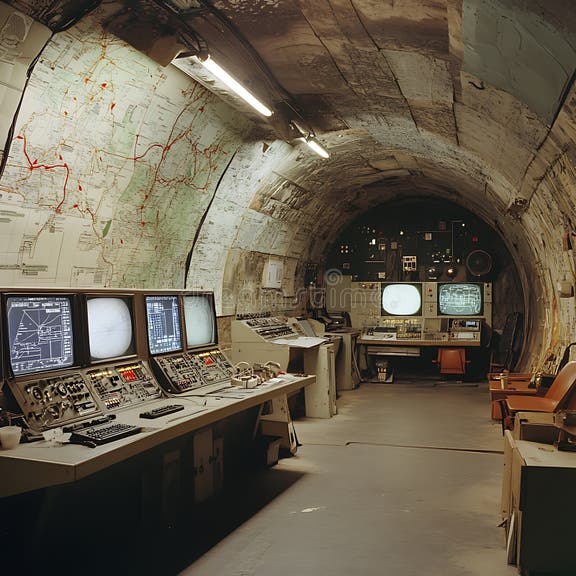 Vintage Underground Command Center with Monitors and Map Stock ...
