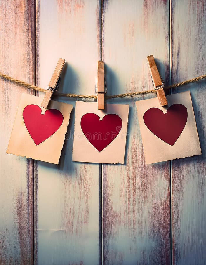 Vintage Valentine Cards Displayed on a String with Wooden Clips Stock ...