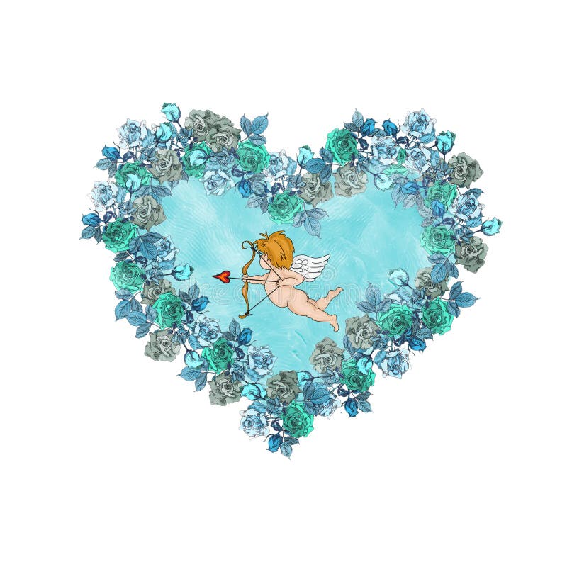 Vintage Valentine Day Cupid in Vintage Roses Frame Isolated on White ...