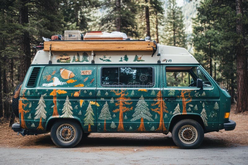 Vintage Van Adorned with Pine Tree Patterns Invites Adventure in the ...