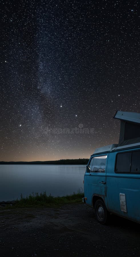 Vintage Van Camping Under Night Sky by Lake with Stunning Starry View ...