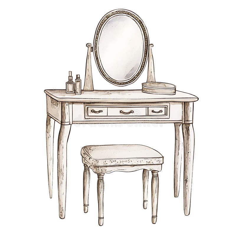 Vintage Vanity Set with Oval Mirror and Stool HandDrawn Illustration ...