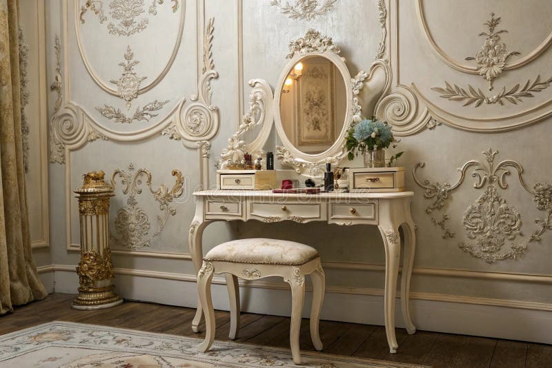 Vintage Vanity Table Set with Stool in Classical Interior Stock Illustration - Illustration of ...
