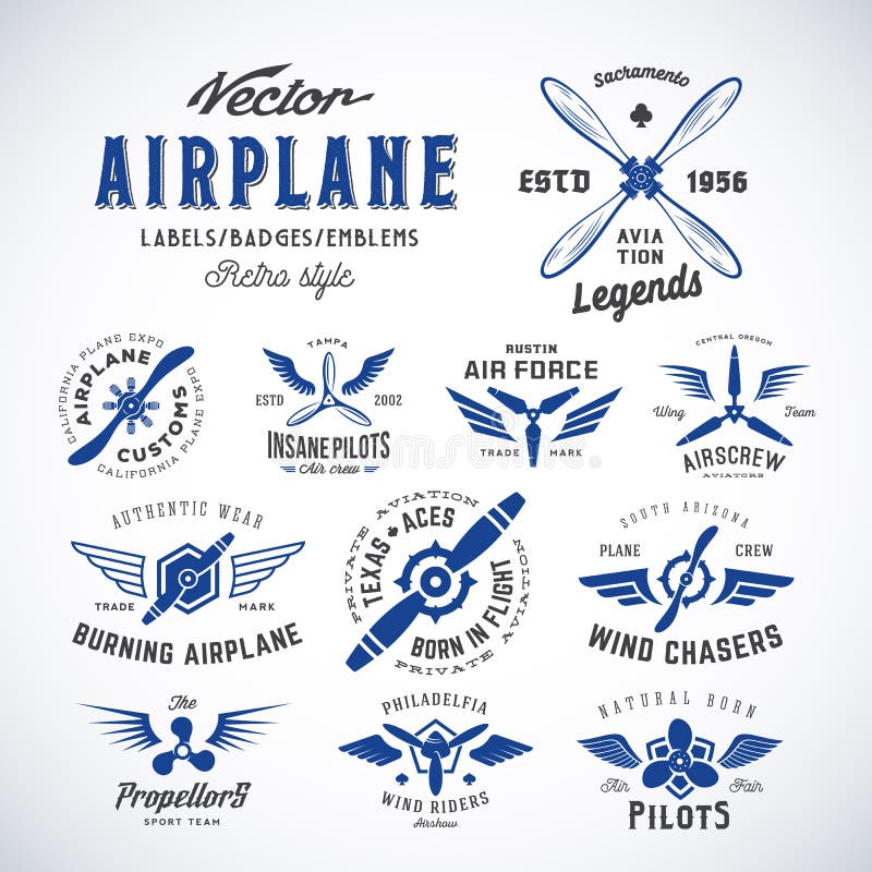 Retro Aviation Logo Monochrome Mega Set Of Retro Airplanes, Emblems,