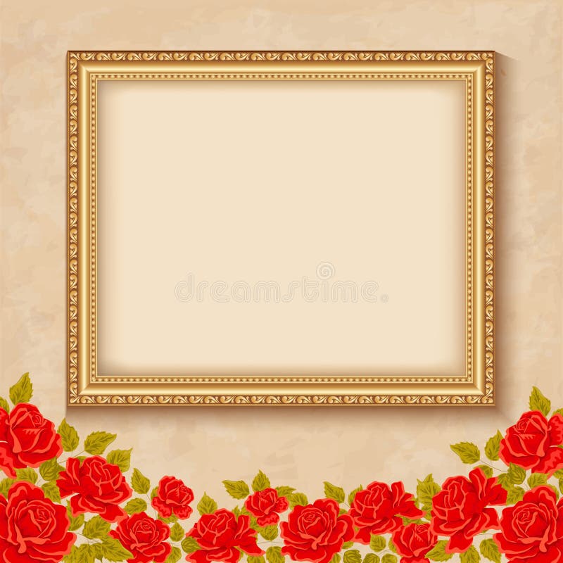 Vintage Vector Background with a Gold Frame and Red Roses. Stock Vector ...