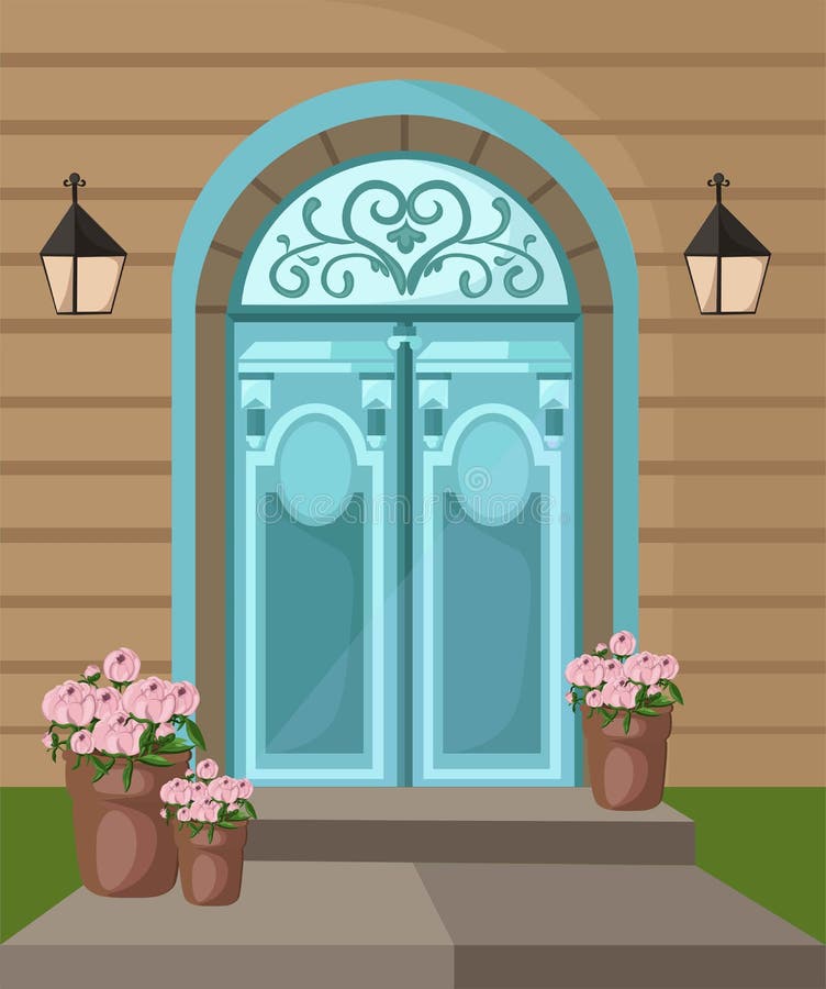 Vintage Vector Entrance Door Facade Background Illustration Stock ...