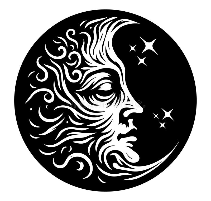 Vintage Vector Face of the Moon in Black and White Stock Vector ...