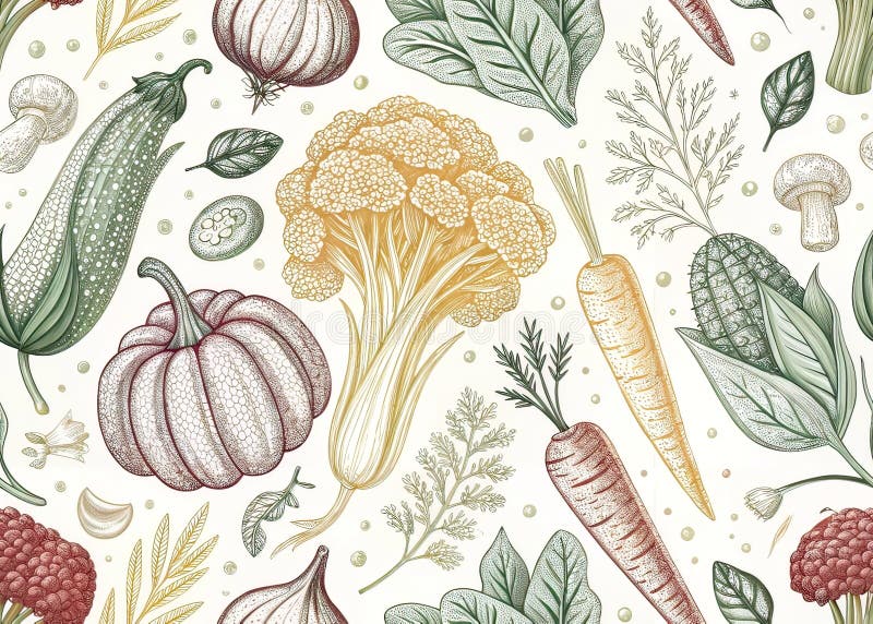 Vintage Vegetable Line Art Fabric Design a Repeating Botanical Pattern ...