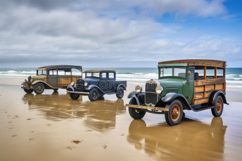 Vintage Vehicle Collection on Pristine Beach, with Waves Rolling in ...