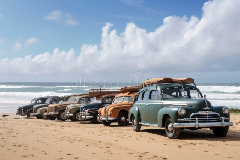 Vintage Vehicle Collection on Pristine Beach, with Waves Rolling in ...