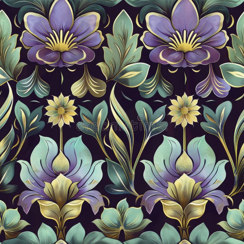 Vintage Victorian Seamless Floral in Violet, Green and Gold on Black ...